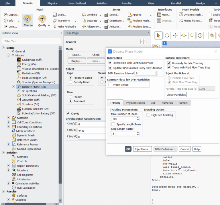Discrete Phase Model (DPM) Panel: Interaction, Particle Tracking ...