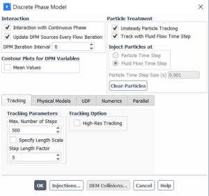 Discrete Phase Model (DPM) Panel: Interaction, Particle Tracking & Treatment - MR CFD