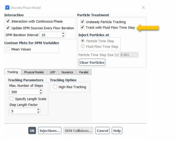Discrete Phase Model (DPM) Panel: Interaction, Particle Tracking ...